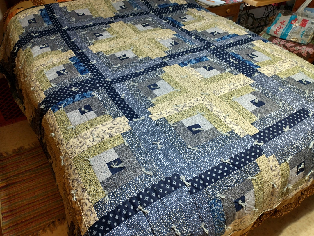 Vintage Blue Log Cabin Quilt Rose Marie Bragg Queen - Etsy