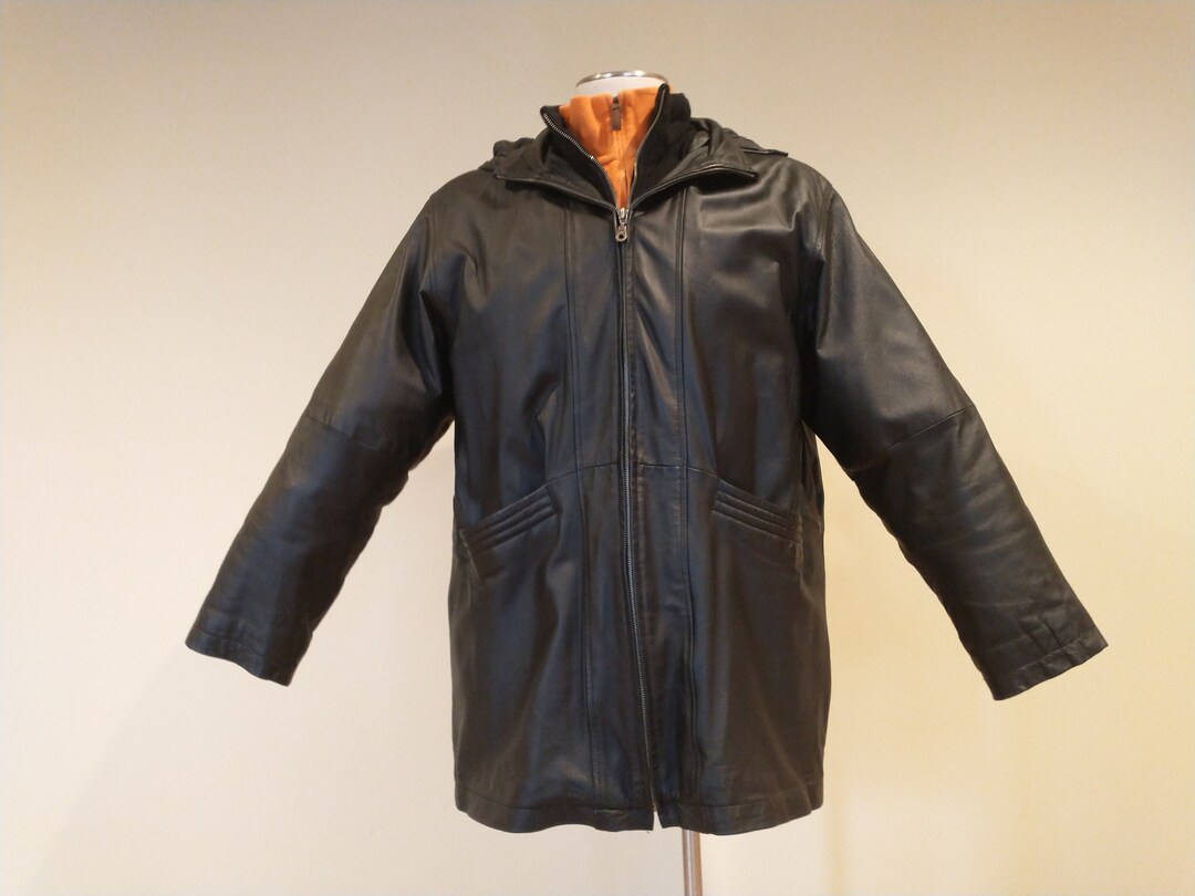 Marc Mattis Men's Black Leather Jacket Size XL Detachable Hood - Etsy