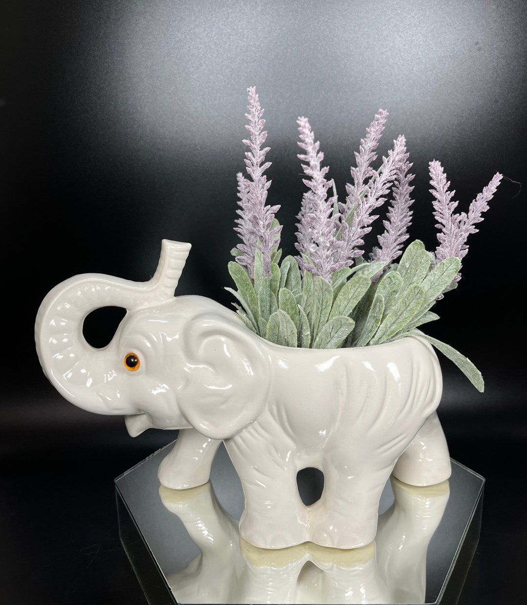 Glossy White Elephant Planter Lucky Truck up Yellow Black Eyes Vintage ...