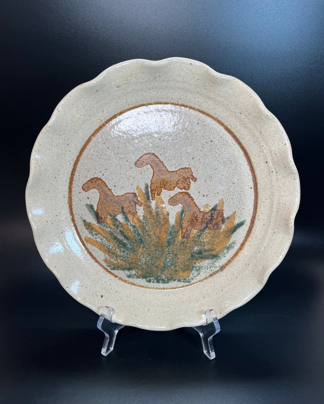Little Mountain Pottery Plate Hand Painted Running Horses Ruffled Rim ...