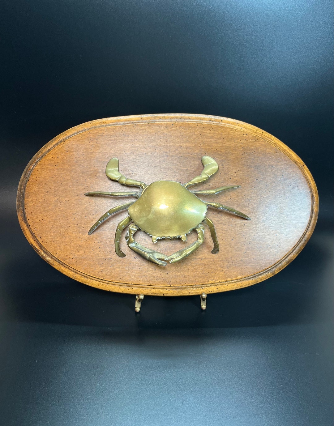 Oval Stained Wood Base Mounted Cast Brass Crab With Hinged Shell Wall ...