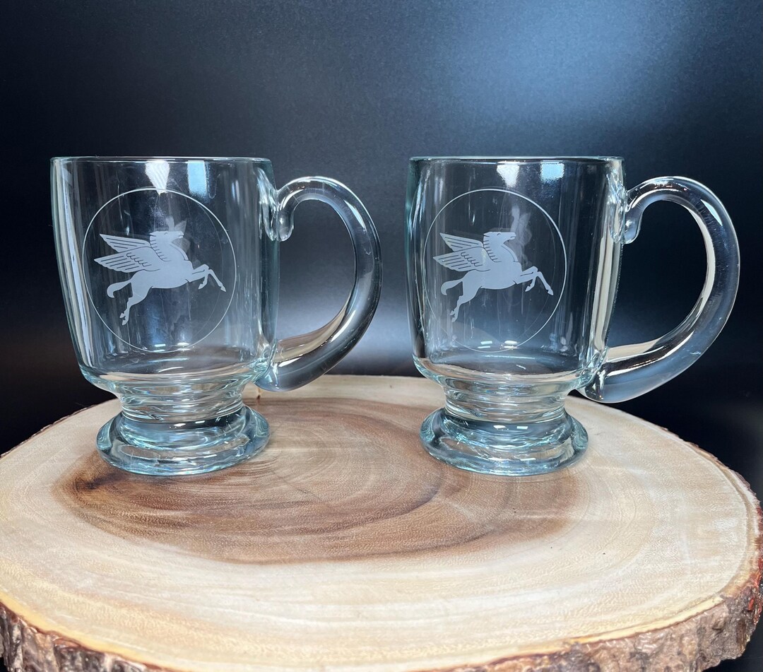 Mobil Oil & Gas Clear Glass Handled Beer Mugs Etched Pegasus 2 Pc Set ...