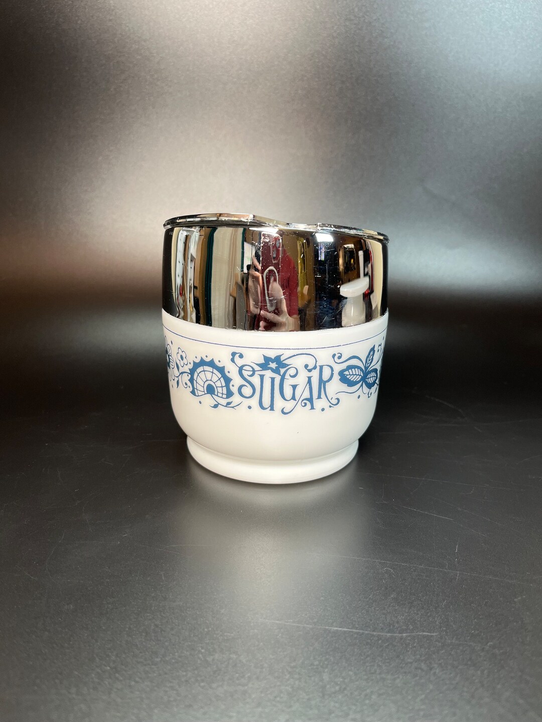 Gemco USA White Milk Glass Sugar Bowl Old Town Blue Print Silver Chrome ...