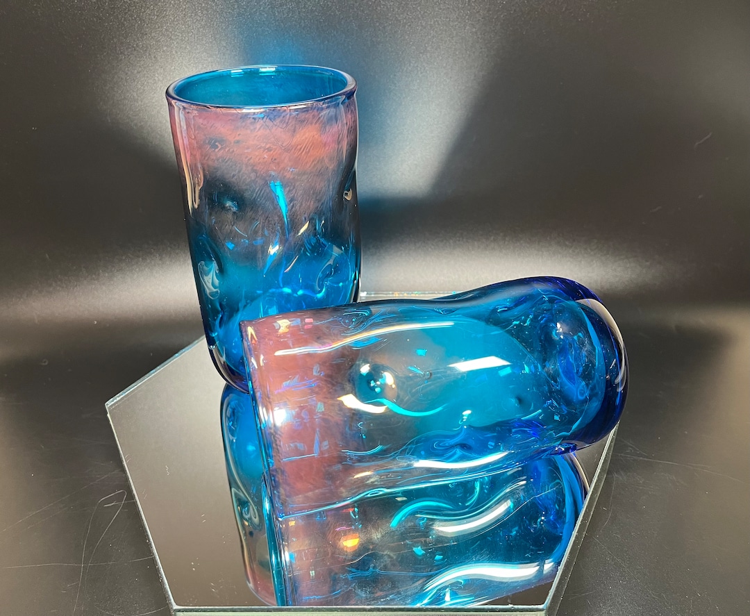 Blenko Glass 418L Blue Iridescent Dimpled Glass Tumblers Drinking ...