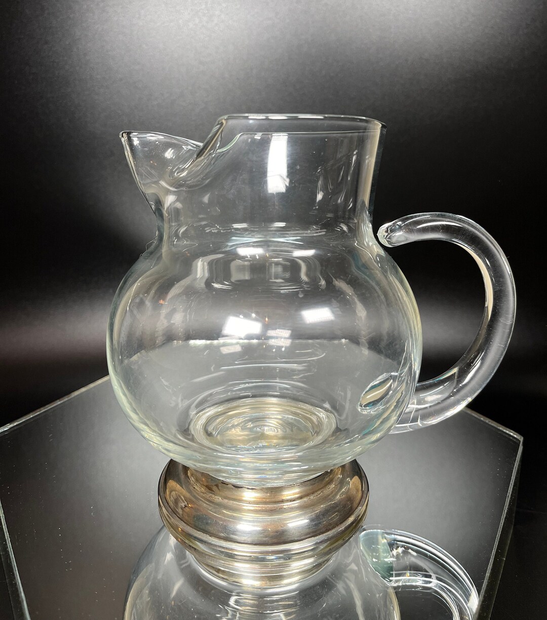Clear Blown Glass Pitcher Pinched Mouth Applied Handle Stamped Sterling ...