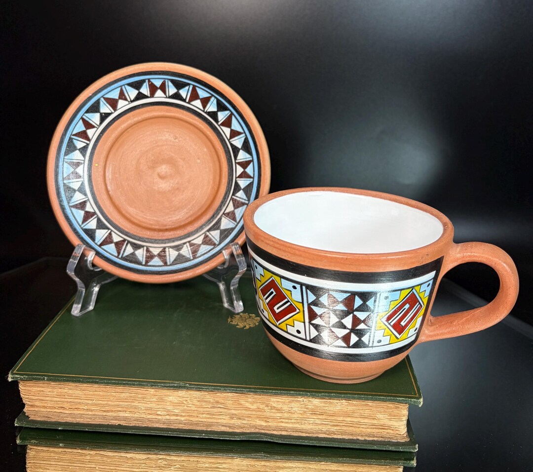 Hand Painted Terracotta Teacup and Saucer Set, Peruvian Geometric ...