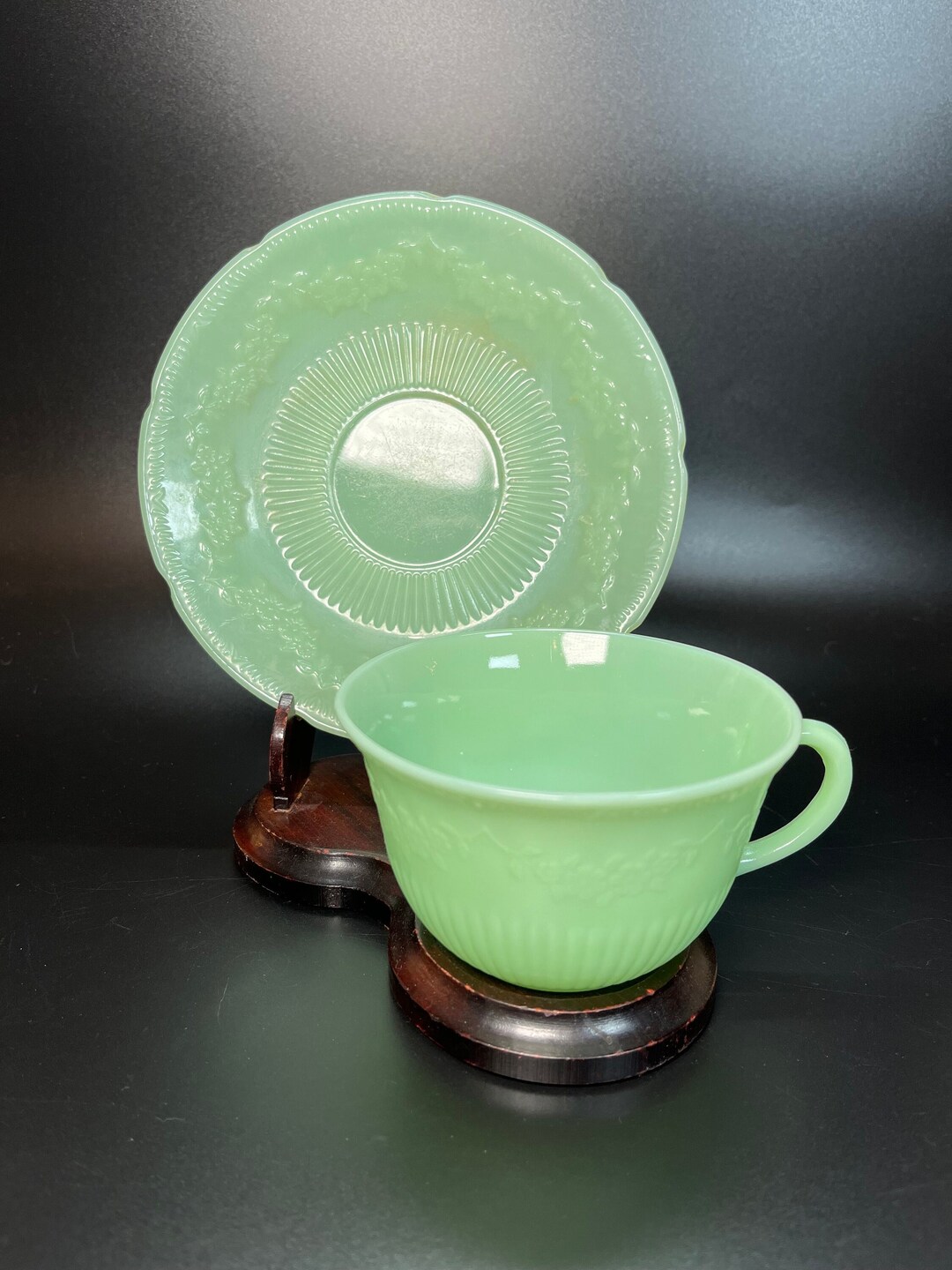 Fire King Jadeite Tea Cup and Saucer Set 1940's Alice Pattern Vintage ...
