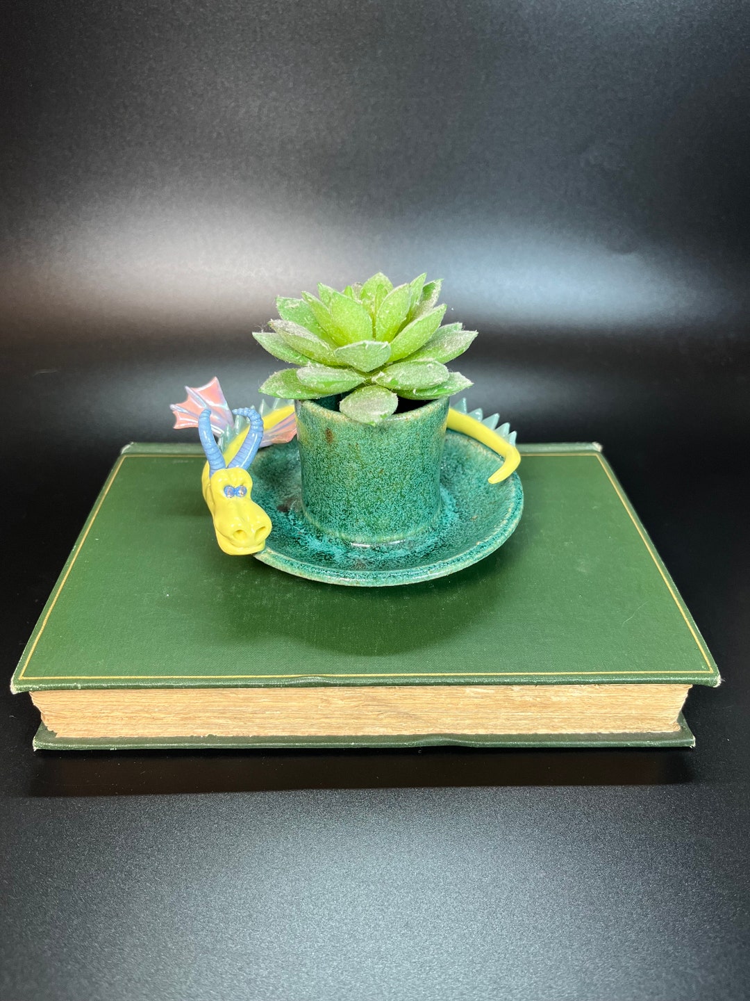 Green Studio Pottery Yellow Dragon Blue Horns Pink Wings Votive Holder ...