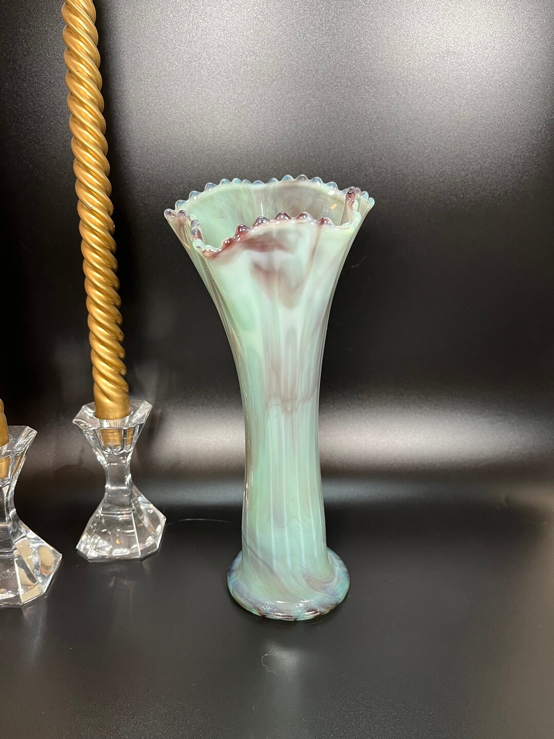Bournique Glass Co. 1900s Swung Slag Glass Vase Swirled Ruffled ...