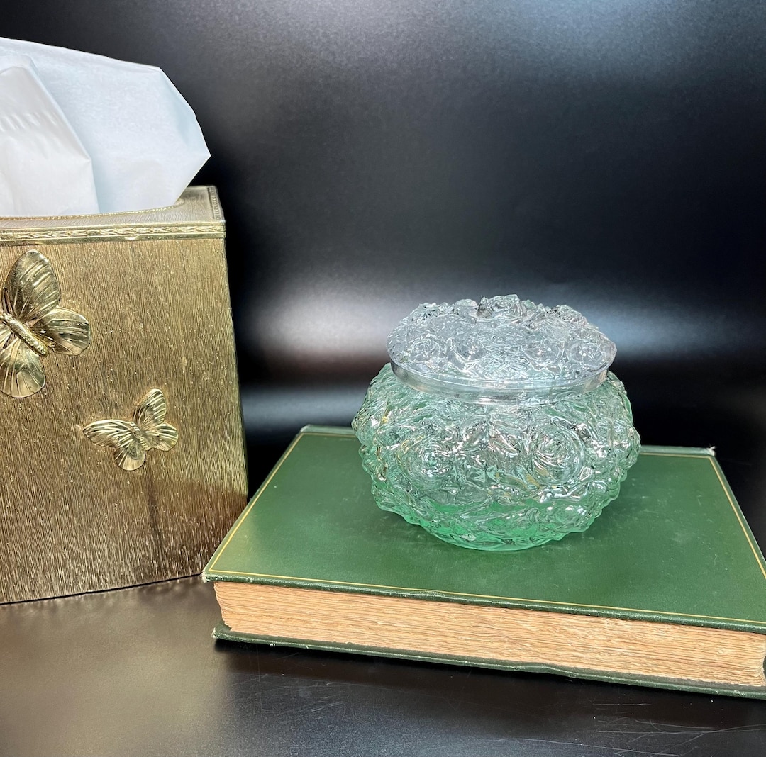 Lancaster Glass Co Gaudy Rose Lidded Glass Puff Box Light Green Base ...