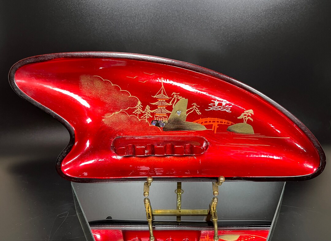 Metallic Red Black Lacquer Footed Ashtray Abalone Shell Accents Hand ...