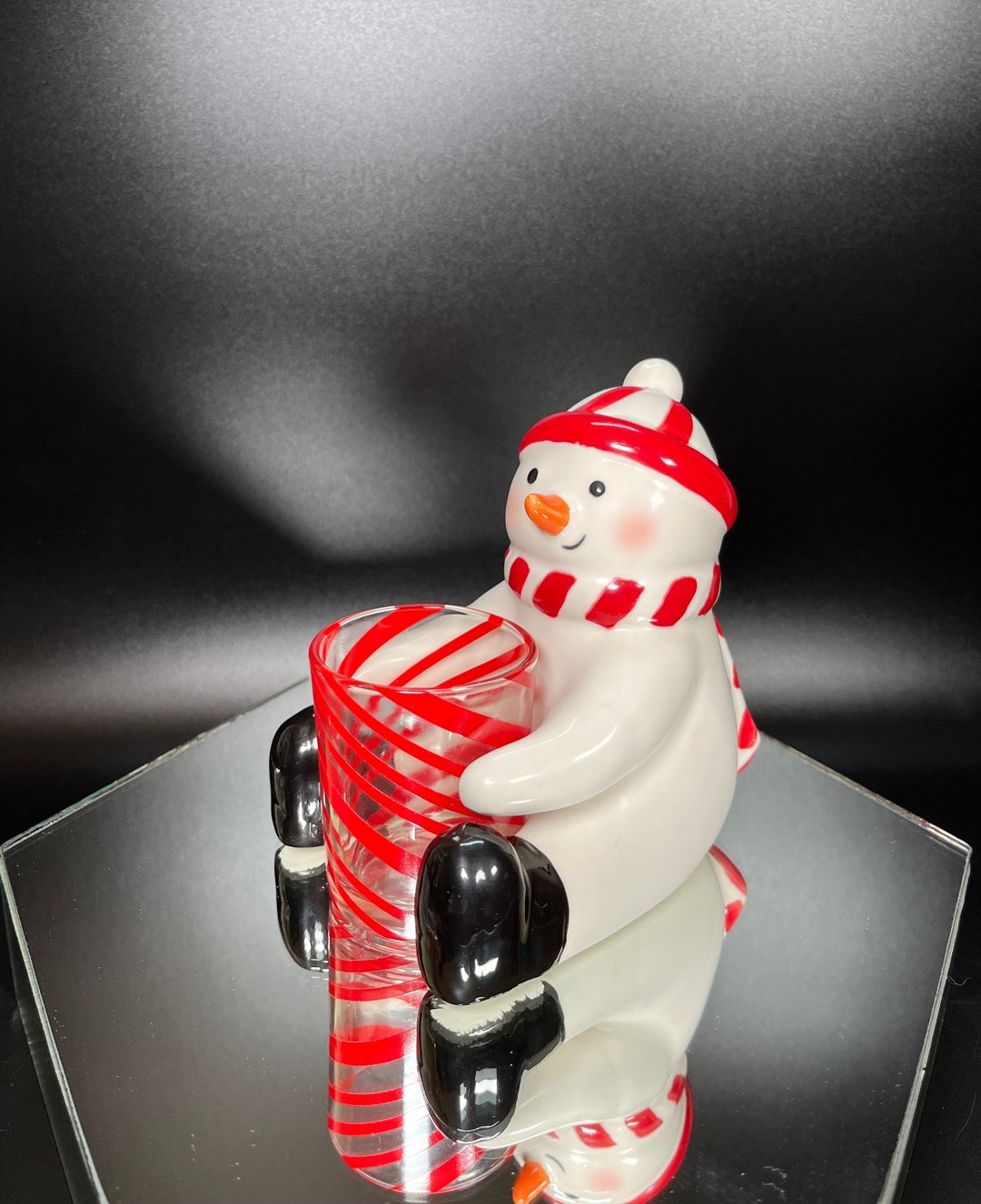 Hallmark Ceramic Snowman Red Striped Glass Votive Candle Holder Vintage ...