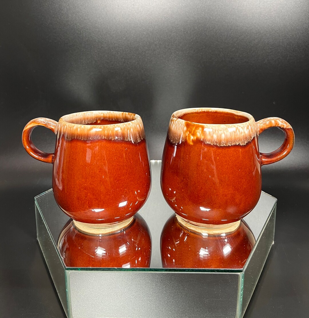 Mccoy Brown & Cream Drip Glaze Ring Handled 12 Oz Coffee Cups Mugs 7025 ...