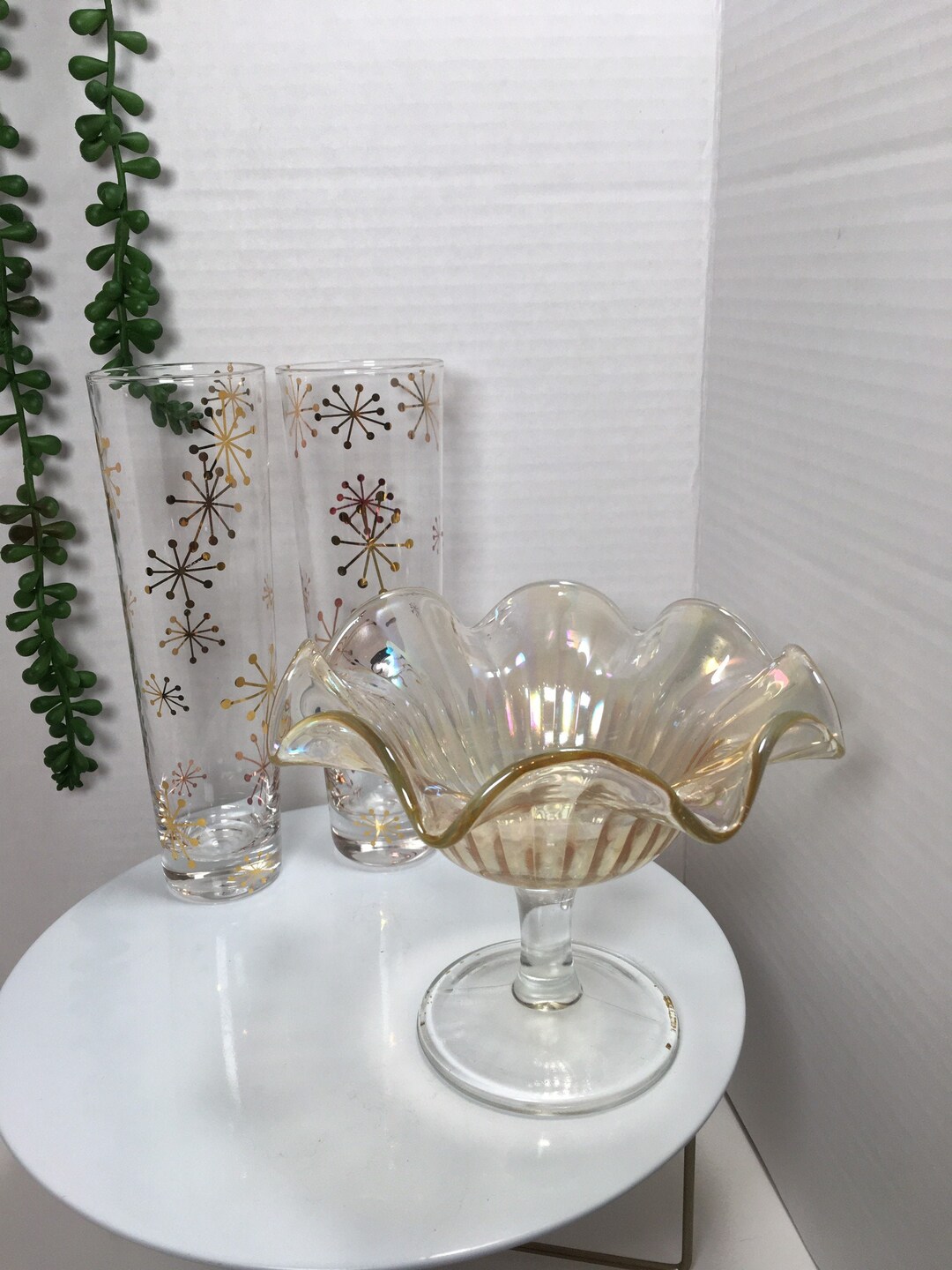 Vintage Imperial Glass Compote Bowl: Marigold Iridescent Ruffled Candy ...