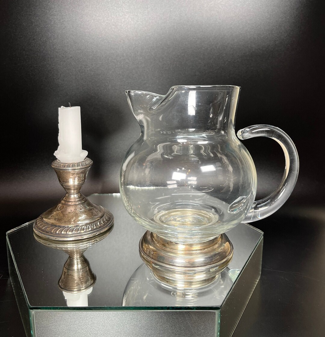 Clear Blown Glass Pitcher Pinched Mouth Applied Handle Stamped Sterling ...