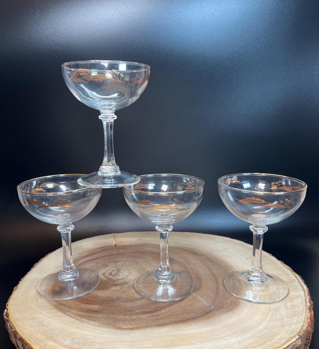 Homer Laughlin Prairie Gold Sherbet Champagne Glasses 4 Pc Set 24K Gold Wheat Print & Rims ...