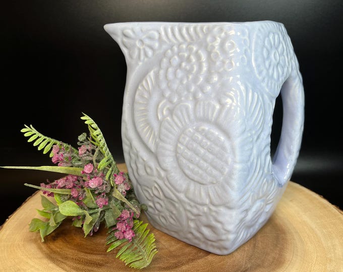 Vintage Niloak Pottery Pitcher: Embossed Floral Design, Light Blue ...