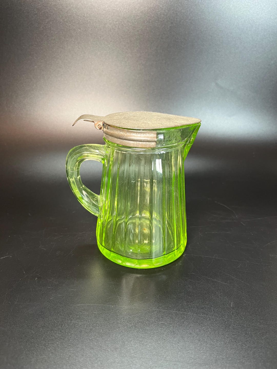 Depression Uranium Glass Syrup Pitcher Tin Flip Top Lid Ribbed Texture ...
