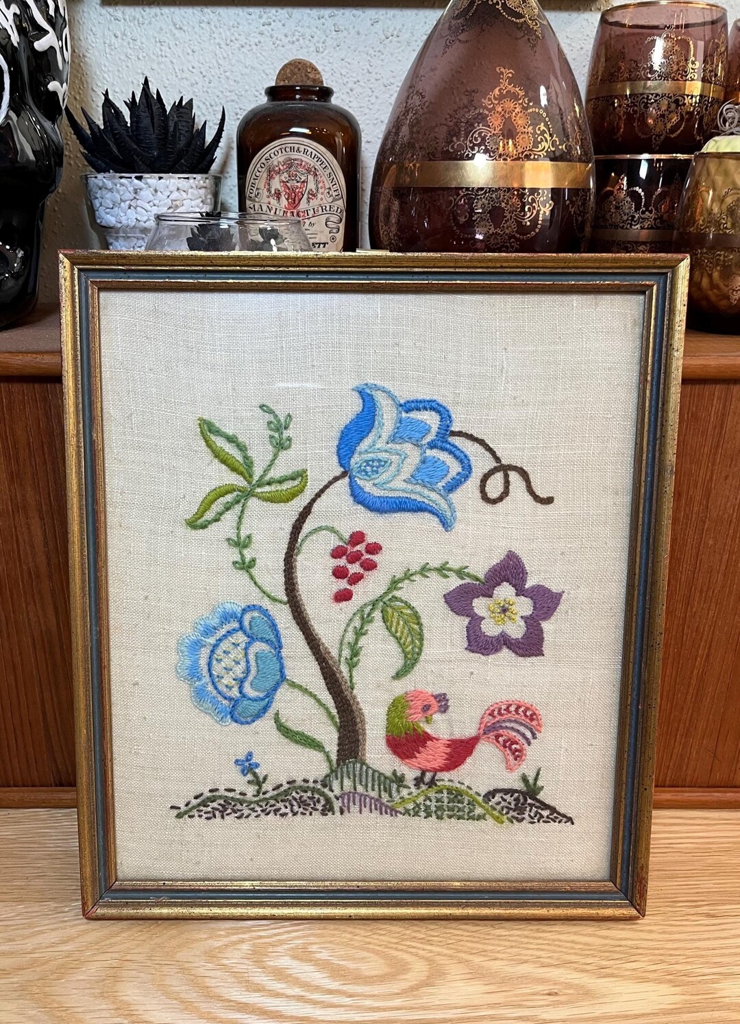 Jacobean Floral Crewel With Bird Hand Crafted Embroidery Wall Decor ...