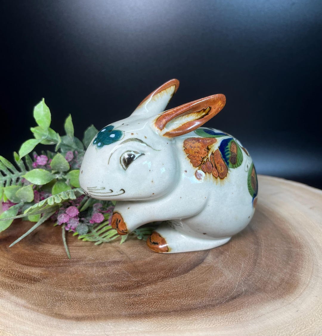 Erandi Tonala Mexican Pottery Rabbit Figurine Hand Painted Blue Brown ...