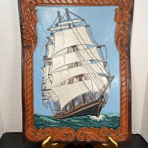 Hand Tooled Leather Tall Masted Schooner Ship at Sea Wall Art 12x16 ...