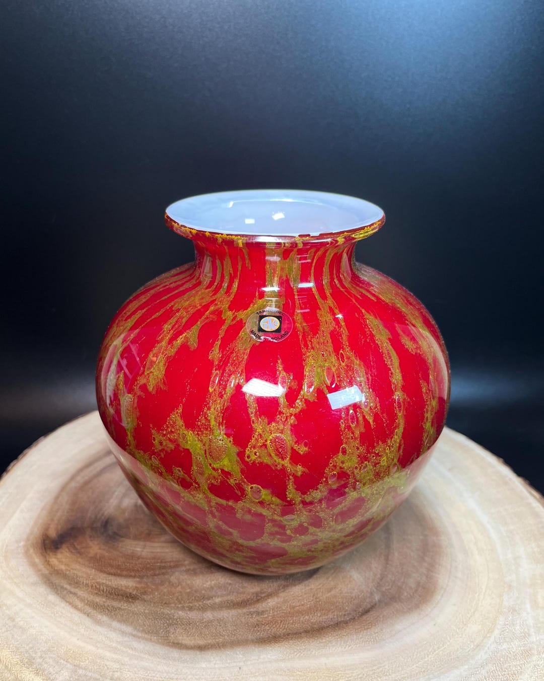 Tarnowiec Poland Art Glass Vase Encased White Glass With Red & Green ...