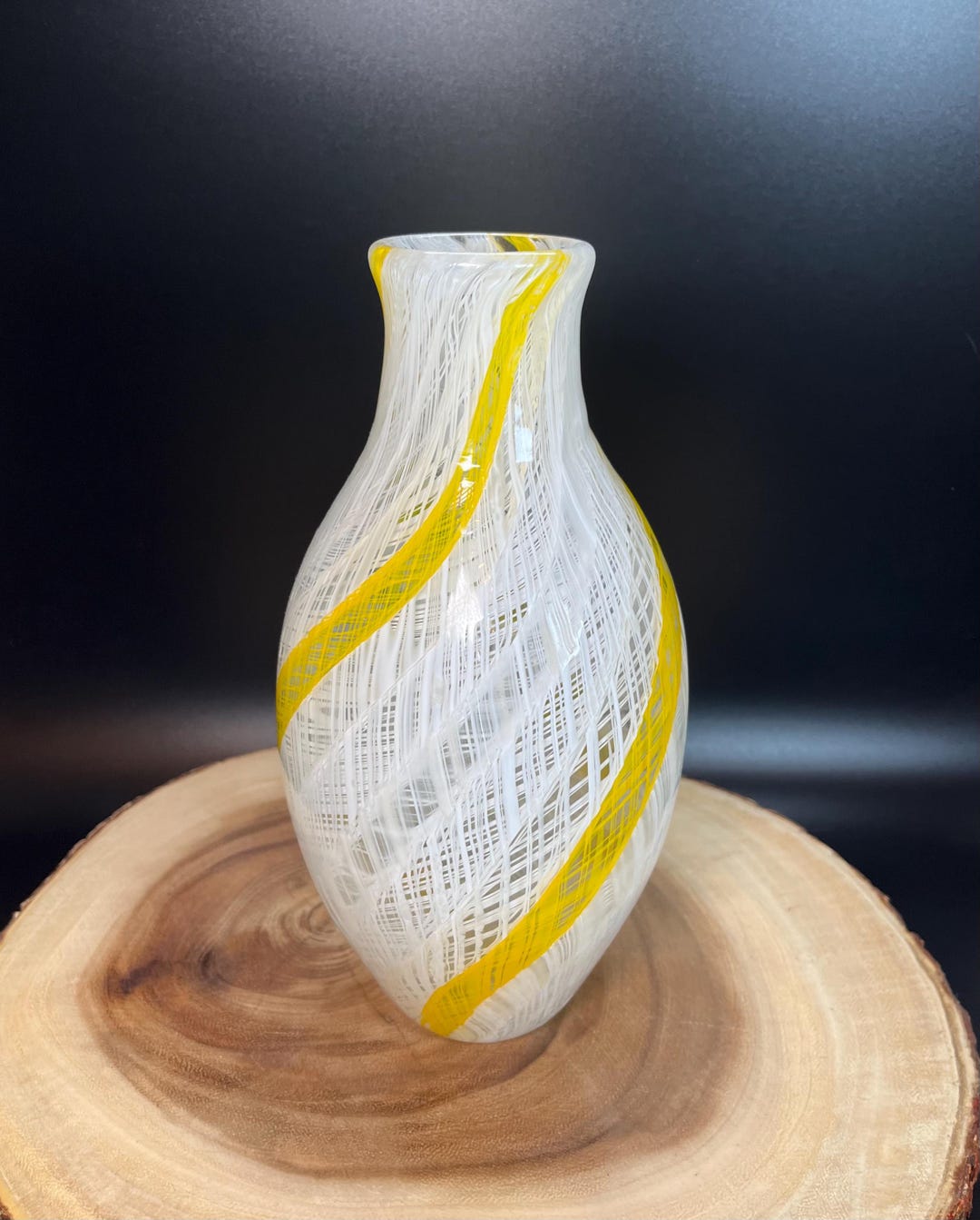Latticinio Glass Vase: Yellow & White Swirled Cane, Signed Moiel ...