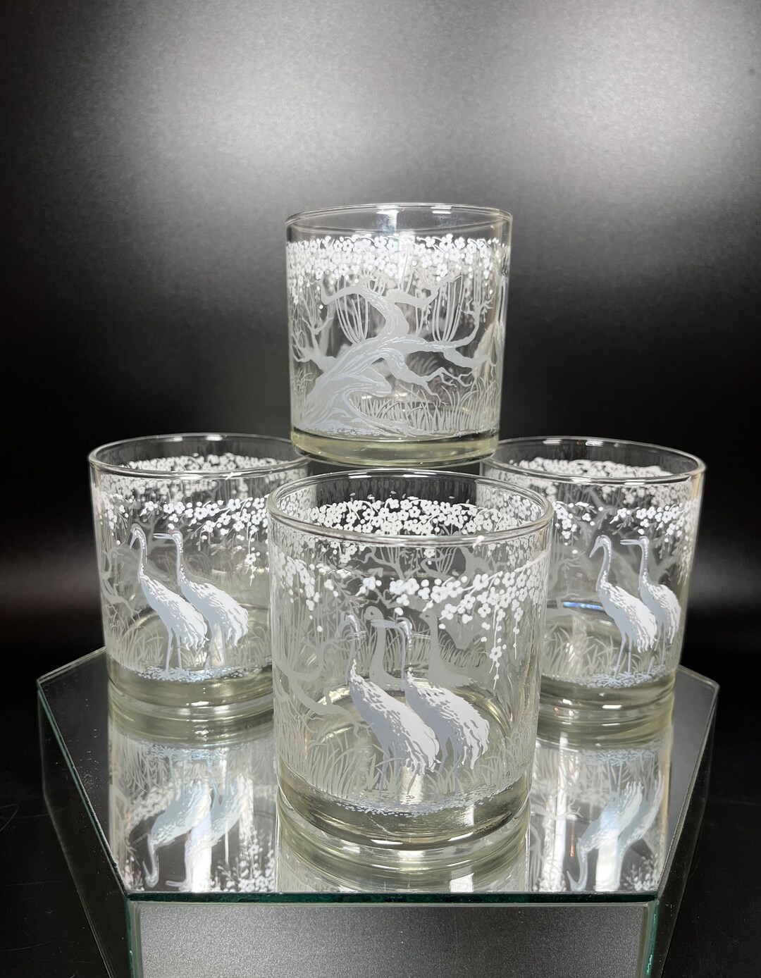 Libbey Lowball Cocktail Drinking Glasses White Cranes in Marsh With ...