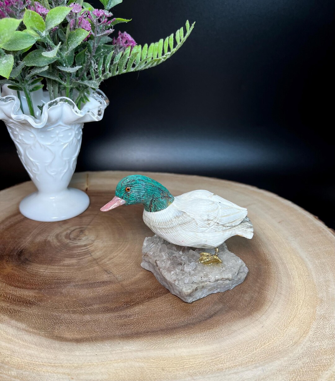 Carved Stone Mallard Duck Figurine on Clear Crystal Quartz Base ...