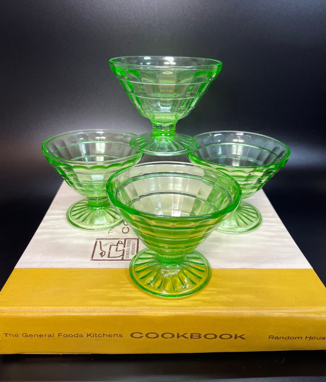 Hocking Glass Green Uranium Glass Block Optic Pattern Sherbet Dessert ...