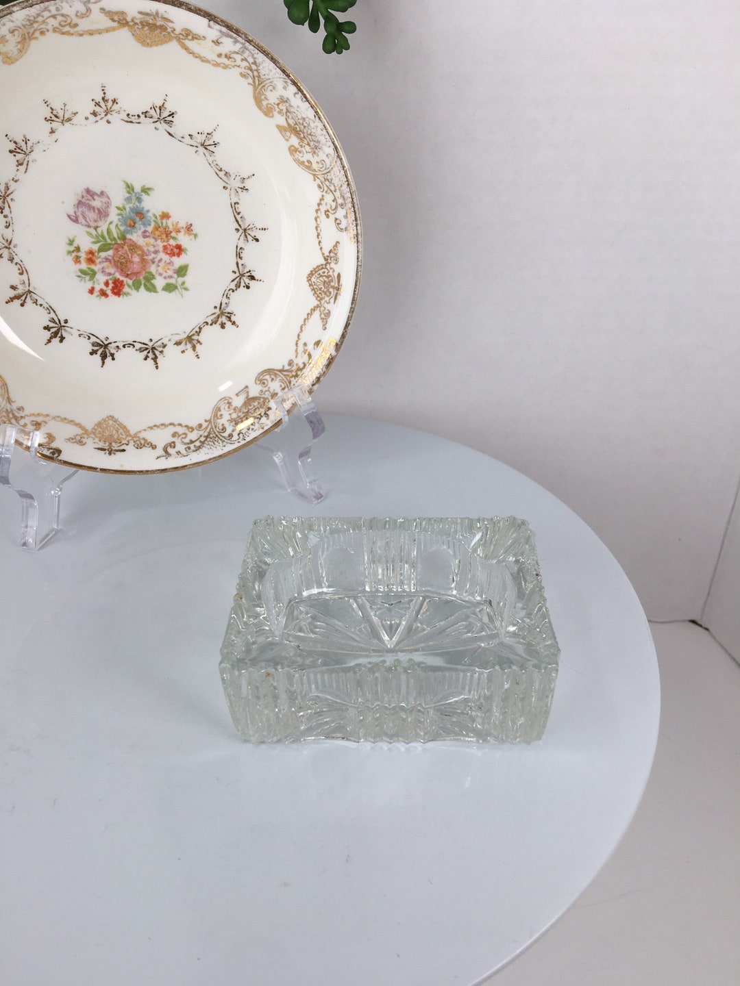 Clear Rectangle Pressed Glass Ashtray Trinket Jewelry Dish Tray Boho ...