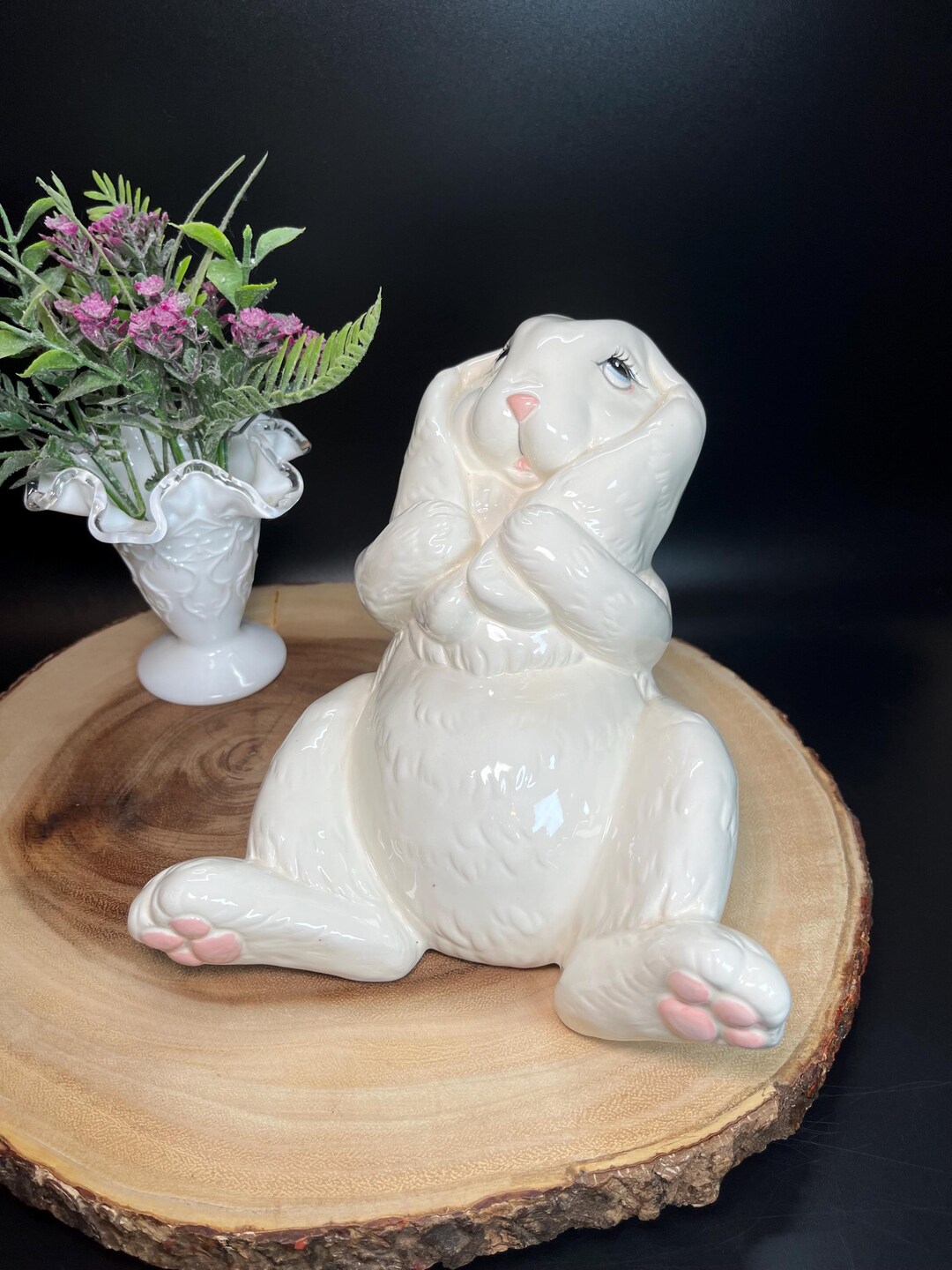 Ceramic Reclining Lop Eared Rabbit Long Eared Bunny Figurine Holding ...
