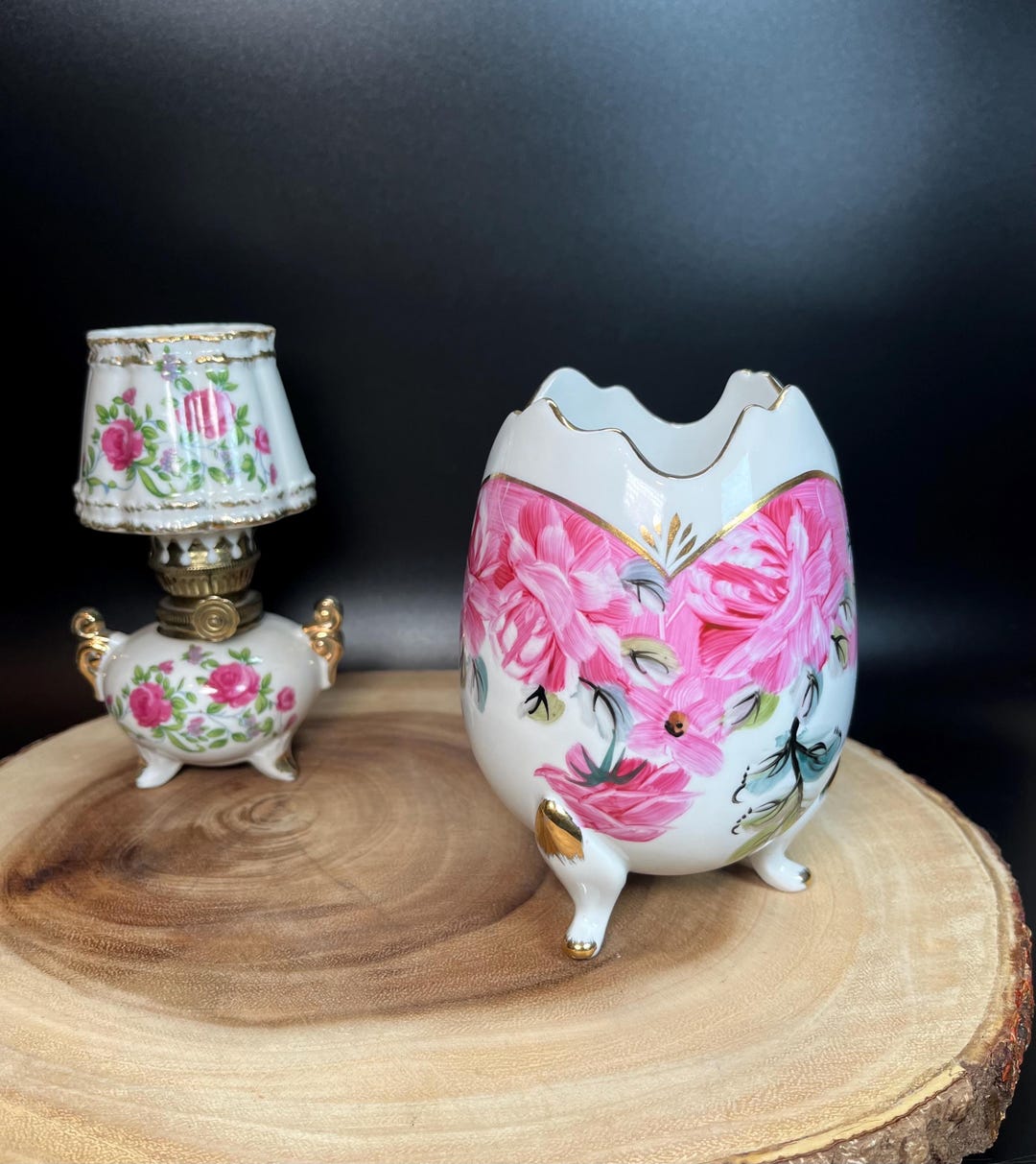 Vintage Baum Brothers Porcelain Egg Vase: Hand-painted Pink Roses, Gold ...