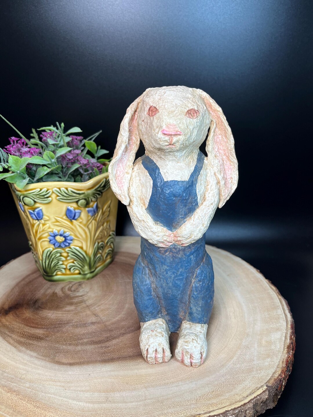 Hand Crafted Paper Mache Bunny Rabbit Figurine With Red Eyes and Blue ...
