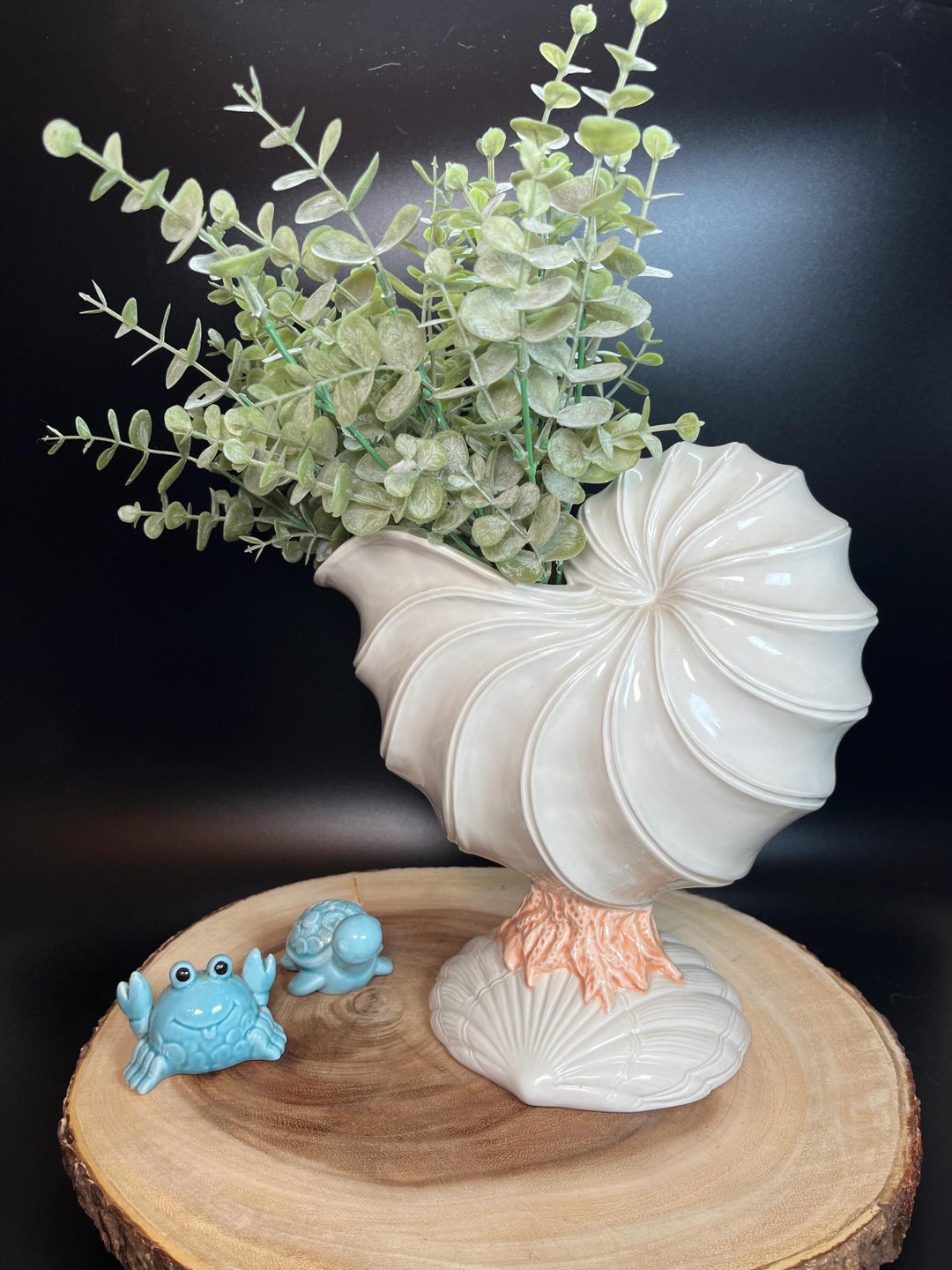 Ceramic Nautilus Conch Shell Vase or Planter Clam Shell Footed Base ...