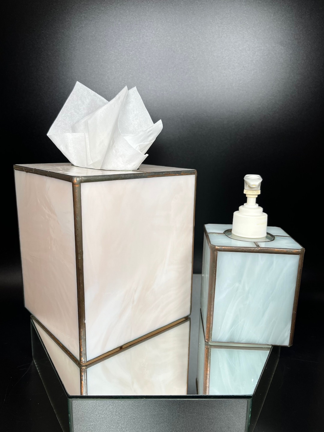 Vintage 1980's 1990's Stained Pale Pink Slag Glass Tissue Box Cover ...