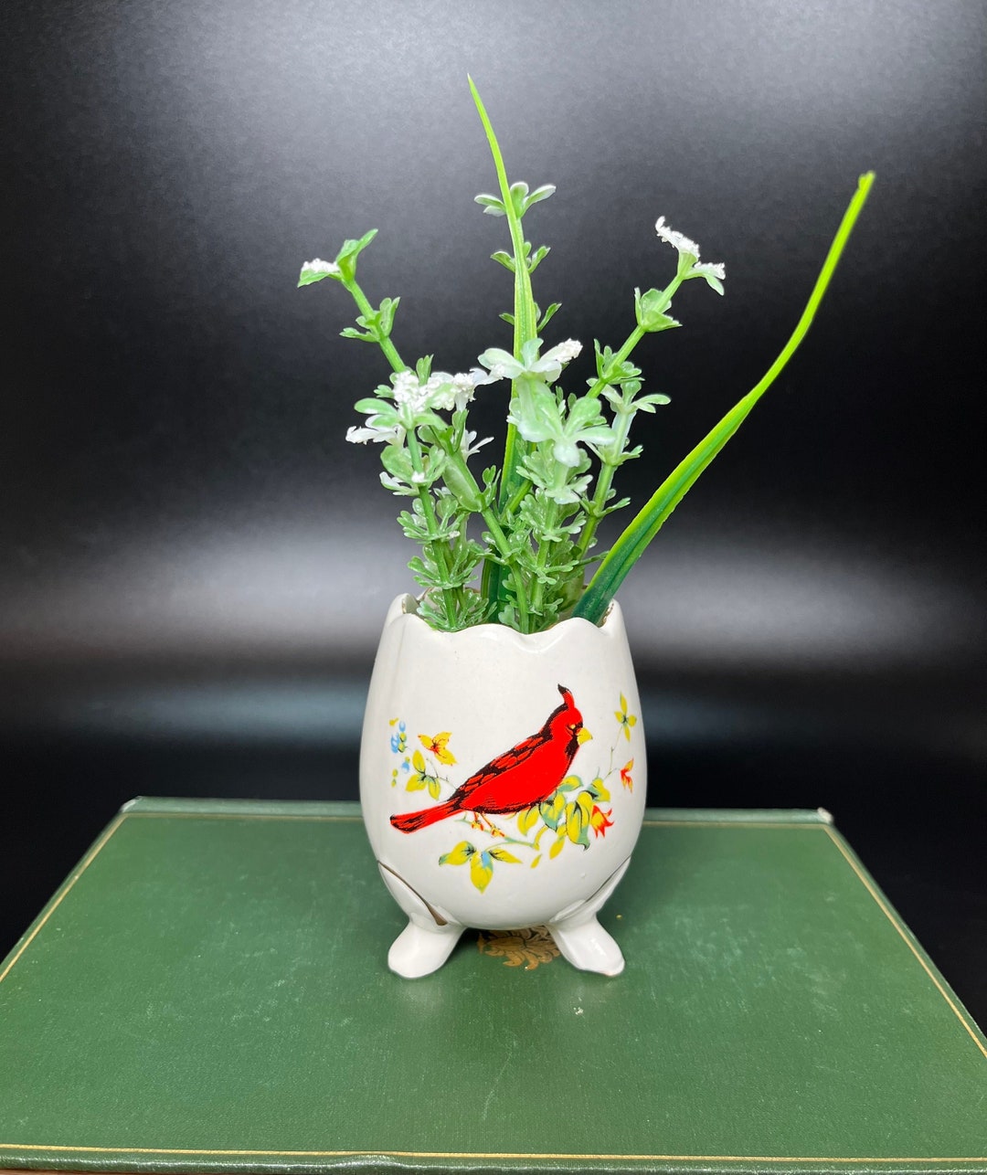 Porcelain Cracked Egg 3 Footed Vase Cardinal & Floral Applied Print ...