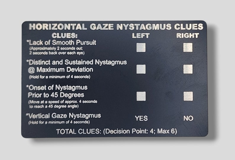 Metal NHTSA SFST Checklist Cards Walk and Turn, Hgn, One Leg Stand, Law ...