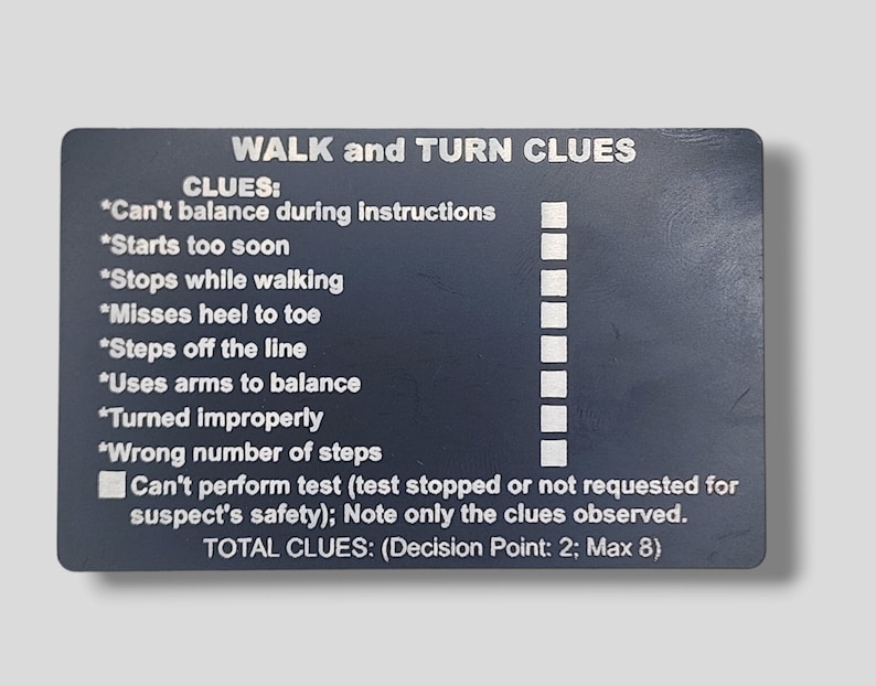 Metal NHTSA SFST Checklist Cards - Walk and Turn, Hgn, One Leg Stand ...