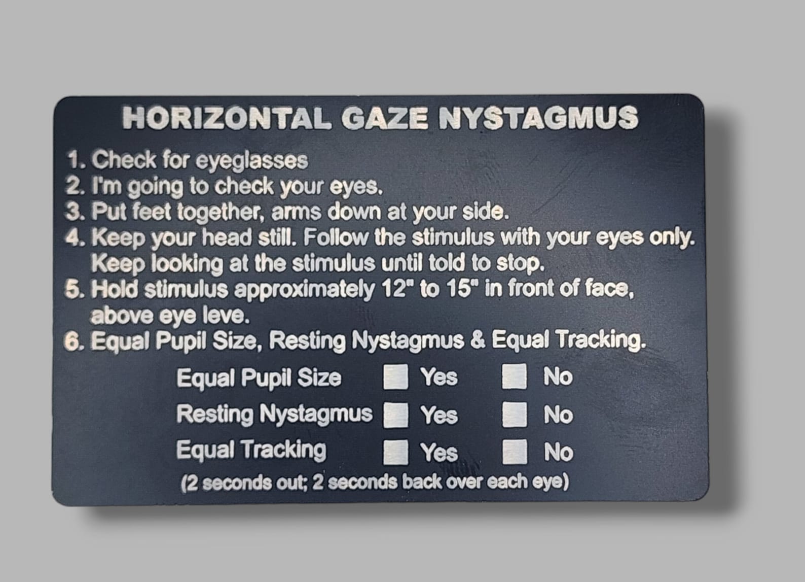 Metal NHTSA SFST Checklist Cards - Walk and Turn, Hgn, One Leg Stand ...
