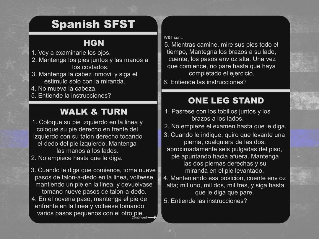 Spanish SFST/HGN Card - Field Sobriety, Law Enforcement, Cops, Police ...
