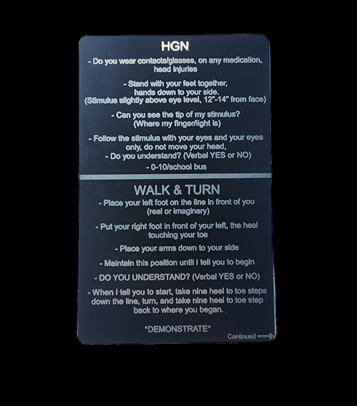 Metal SFST/HGN Card Field Sobriety, Law Enforcement, Cops, Police ...