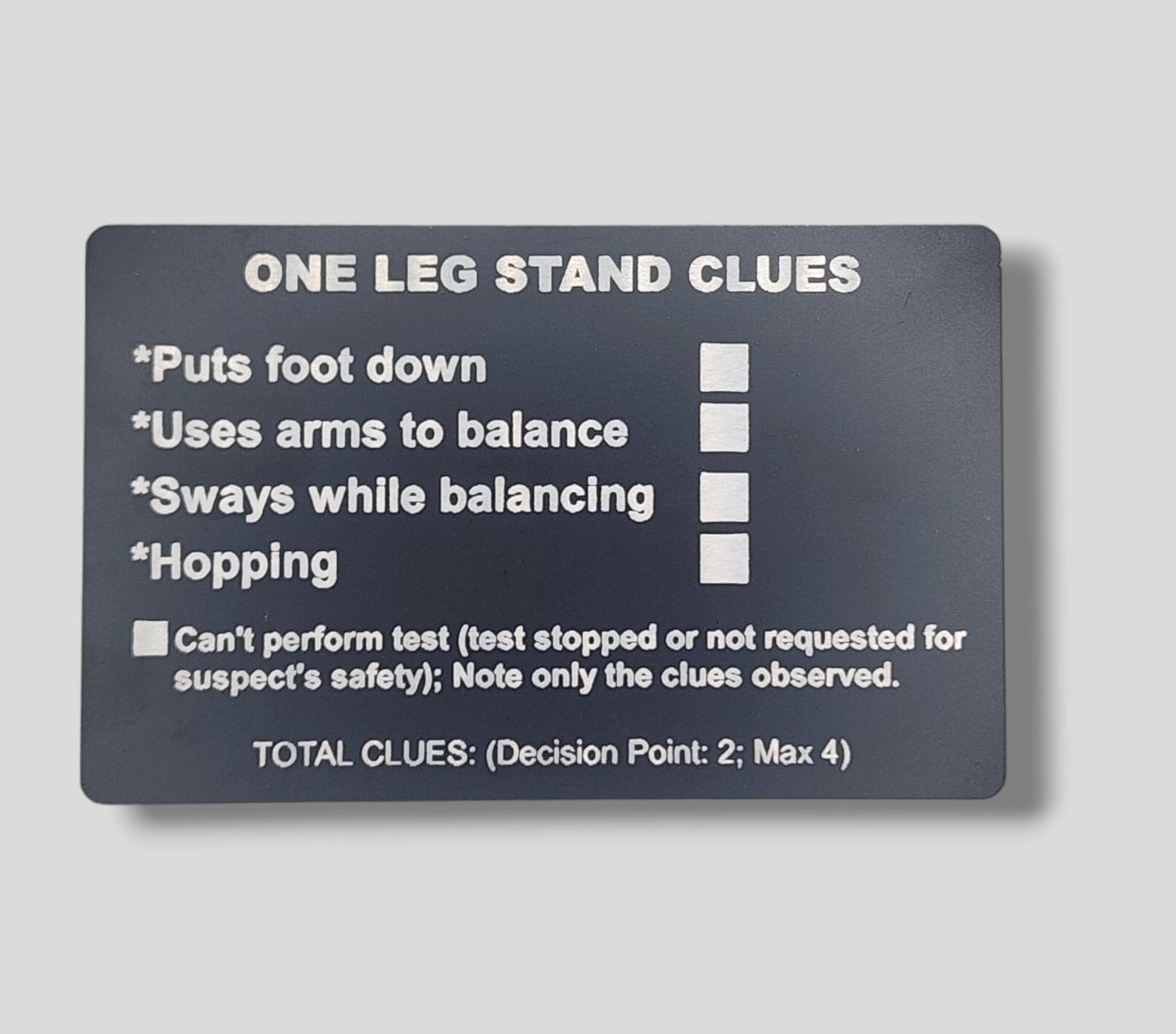 Metal NHTSA SFST Checklist Cards Walk and Turn, Hgn, One Leg Stand, Law ...