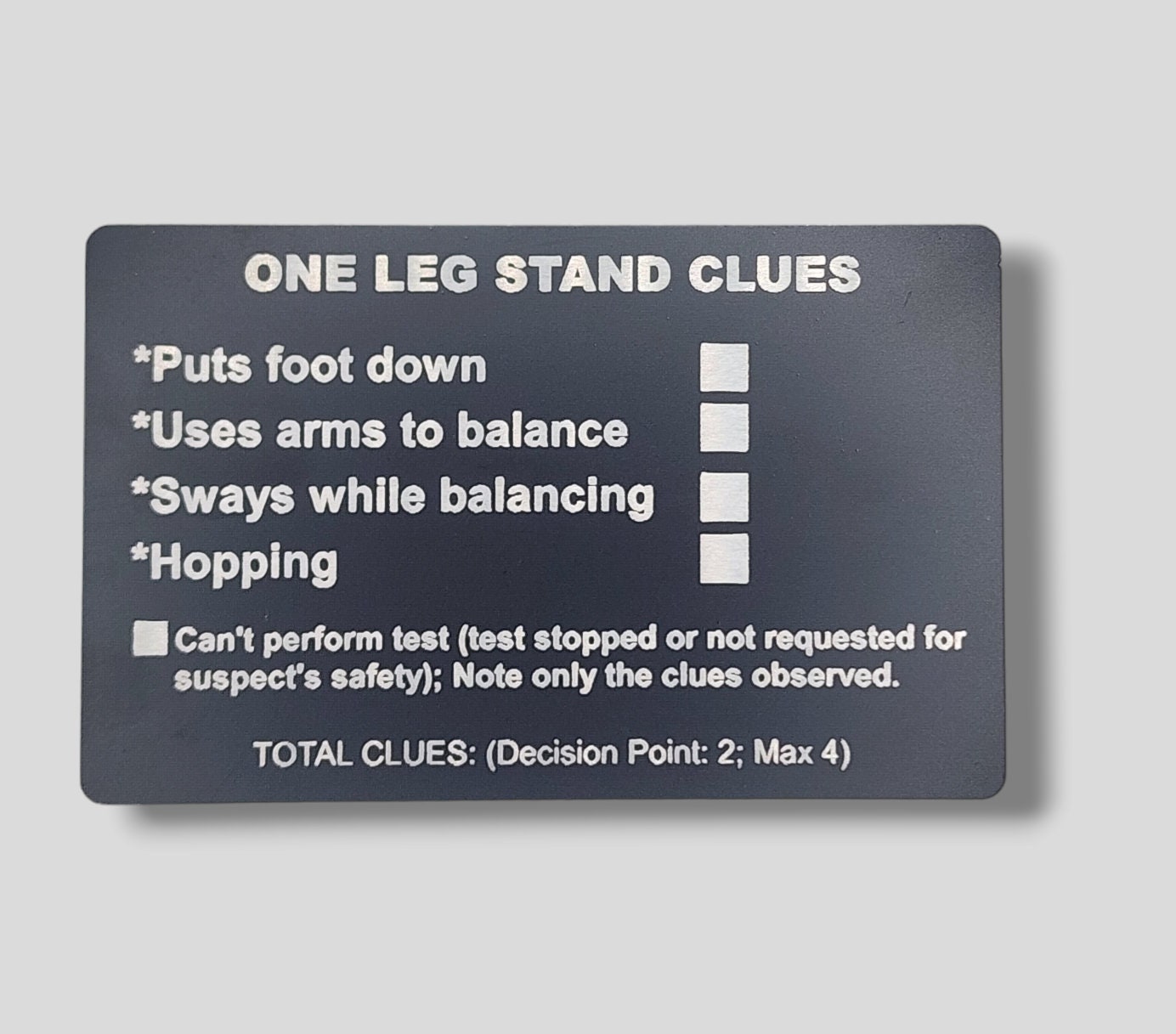 Metal NHTSA SFST Checklist Cards - Walk and Turn, Hgn, One Leg Stand ...