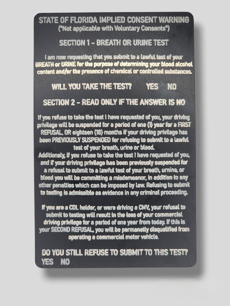 Florida Implied Consent Card Florida, Law Enforcement, Police, Deputy ...