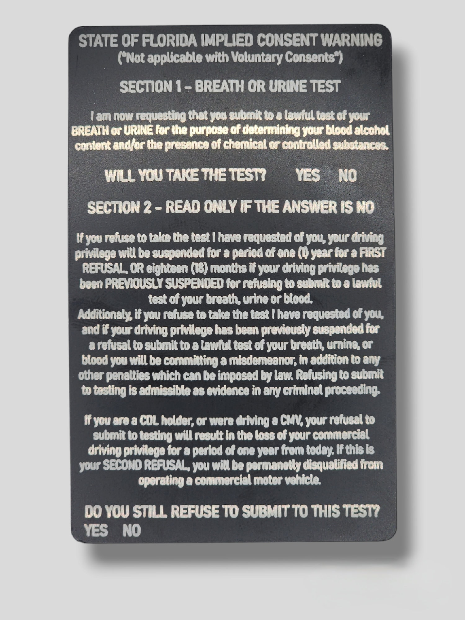 Florida Implied Consent Card Florida Law Enforcement Police Deputy Trooper Dwi Implied