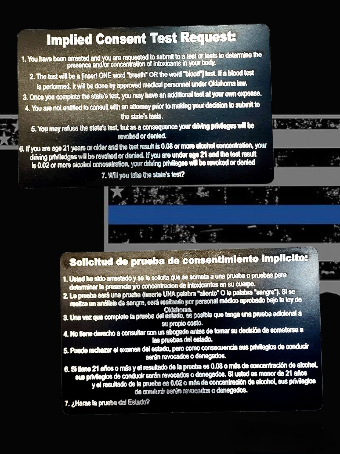 Oklahoma Spanish/english Implied Consent Card Oklahoma, Law Enforcement ...