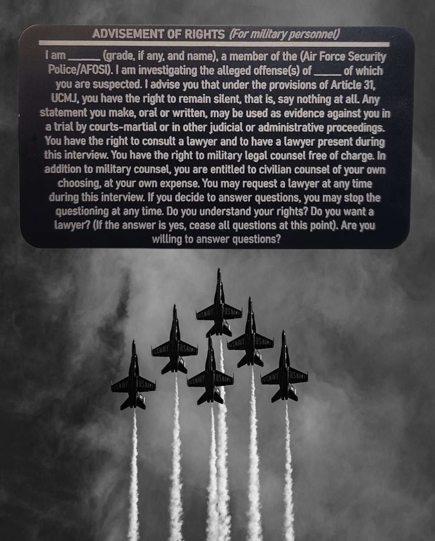 USAF Rights Advisement Card Air Force, Rights Card, Rights Advisement ...