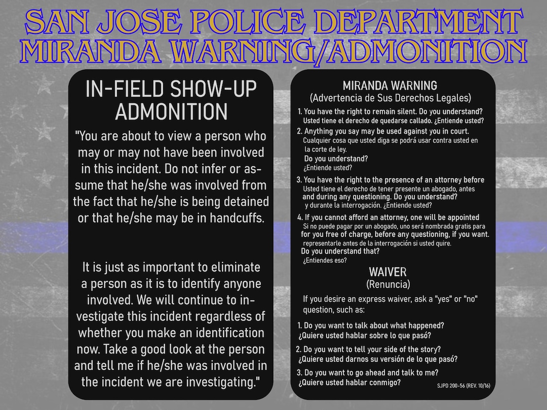 San Jose Police Dept. Miranda Warning & Admonition - San Jose ...