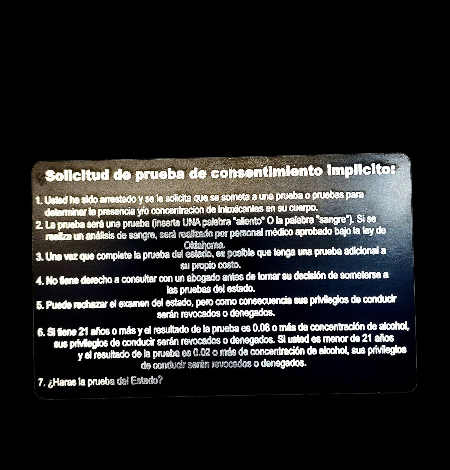 Oklahoma Spanish/english Implied Consent Card - Oklahoma, Law ...